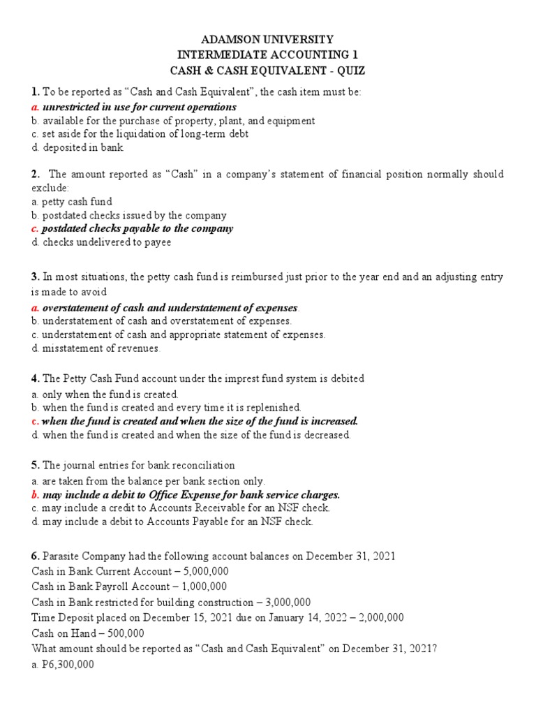 (03A) Cash Quiz ANSWER KEY | PDF | Banks | Debits And Credits