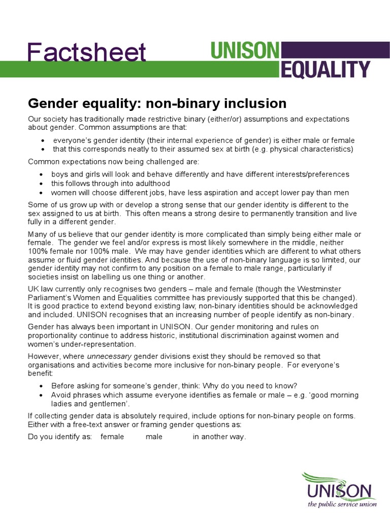 Factsheet: Gender Equality: Non-Binary Inclusion | PDF | LGBTQIA+ ...