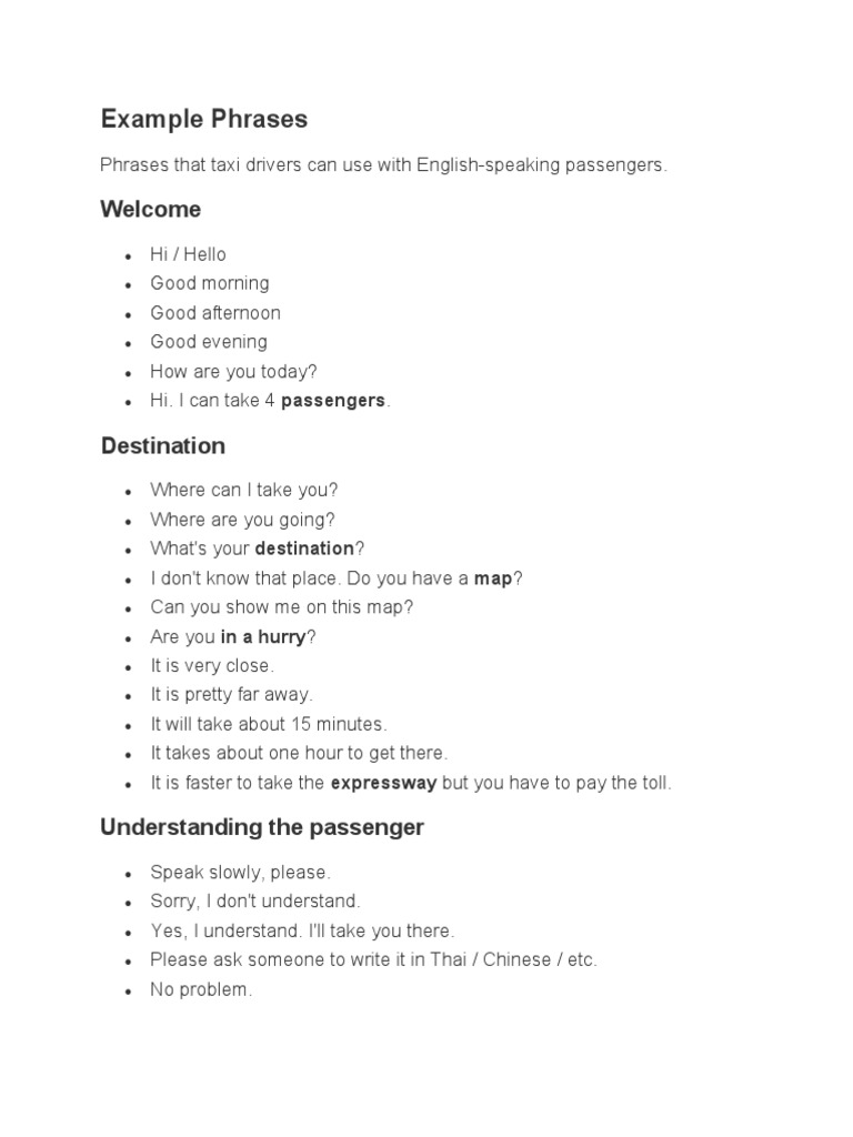 Everyday Expressions For Taxi Drivers | PDF | Trunk (Car) | Transport