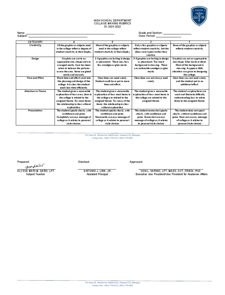 HIGH SCHOOL COLLAGE RUBRICS | PDF | Creativity | Graphics