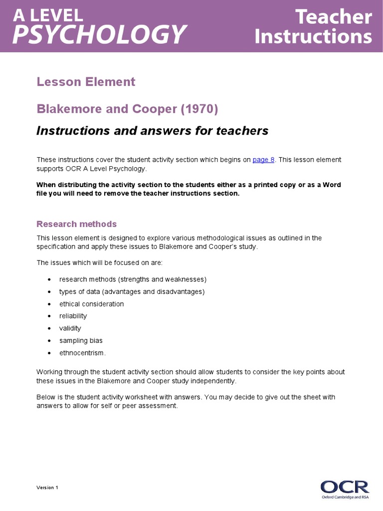 Lesson Element Blakemore and Cooper (1970) : Instructions and Answers ...