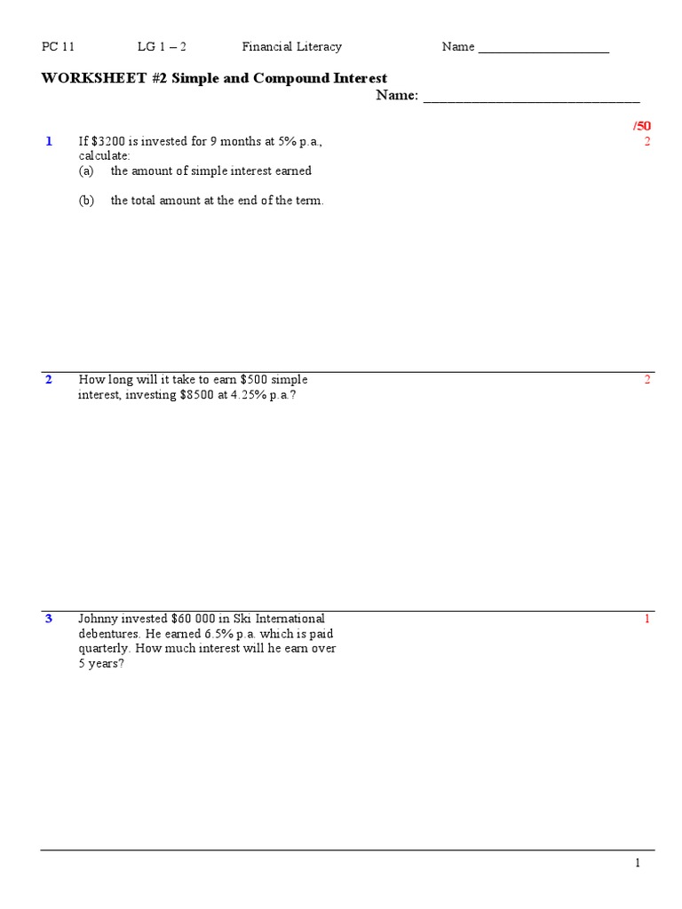 WORKSHEET #2 Simple and Compound Interest: Name | PDF | Interest ...