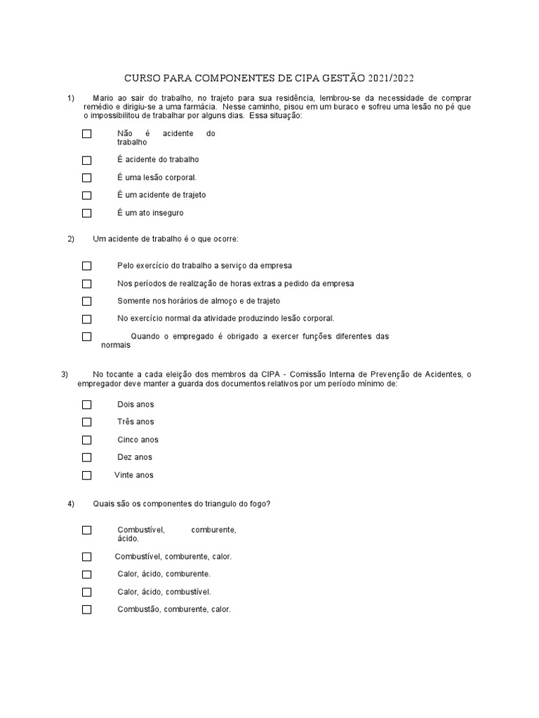 Prova de Curso de CIPA - Gabarito | PDF | Sindicato | HIV/AIDS