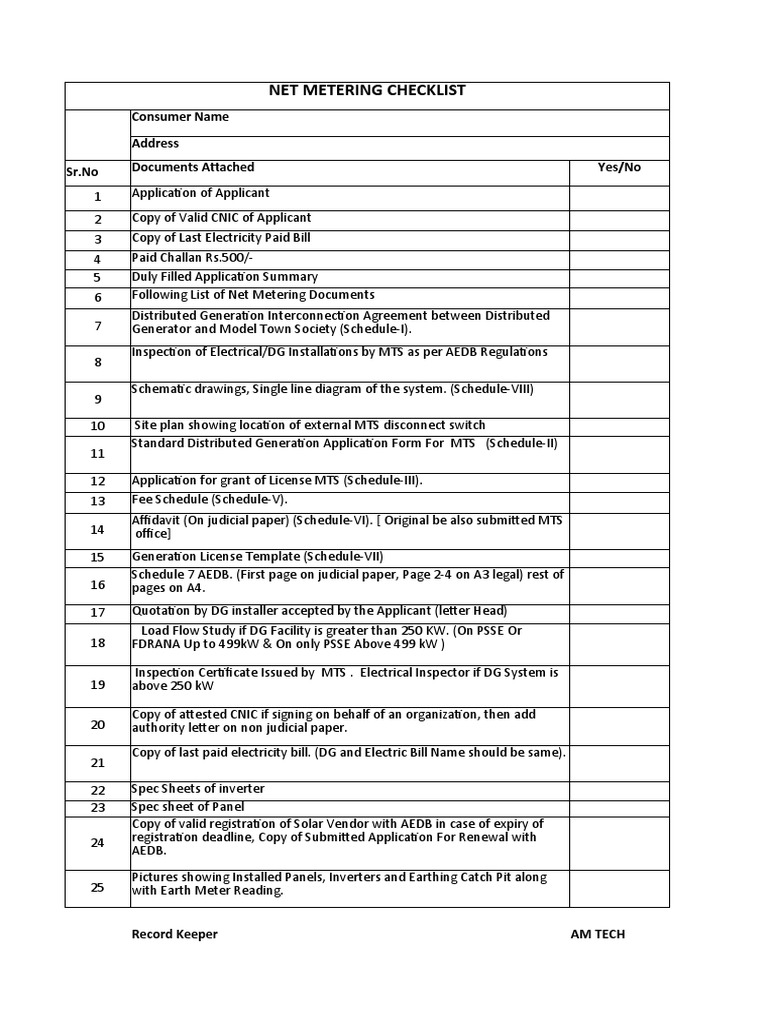 Net Metering Checklist: Consumer Name Address SR - No Documents ...