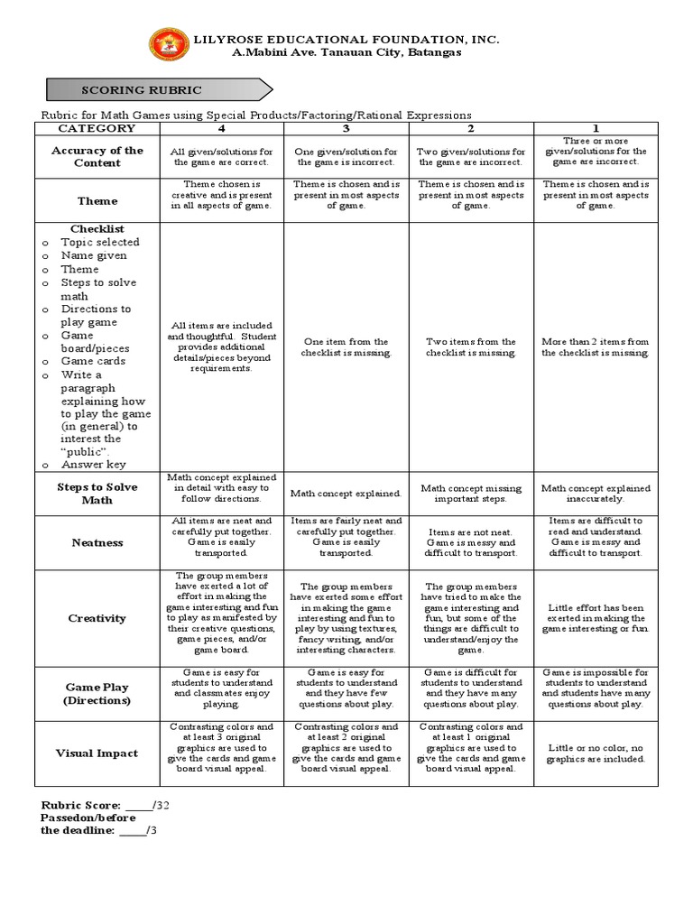 Rubric Math Game Pdf Mathematics Rubric Academic