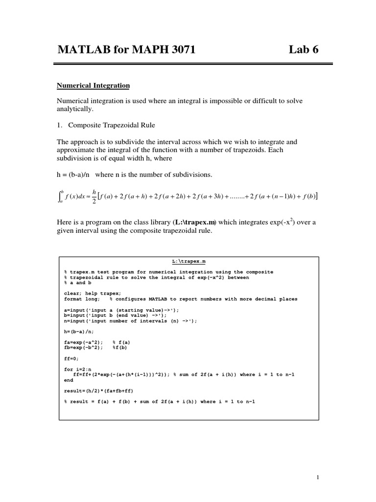 Matlab For Maph 3071 Lab 6: Numerical Integration | PDF | Mathematics ...