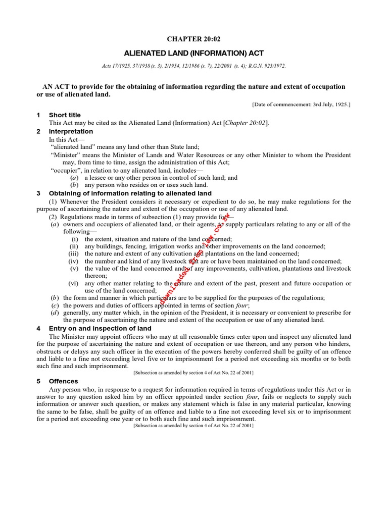 Alienated Land (Information) Act | PDF | Public Law | Government