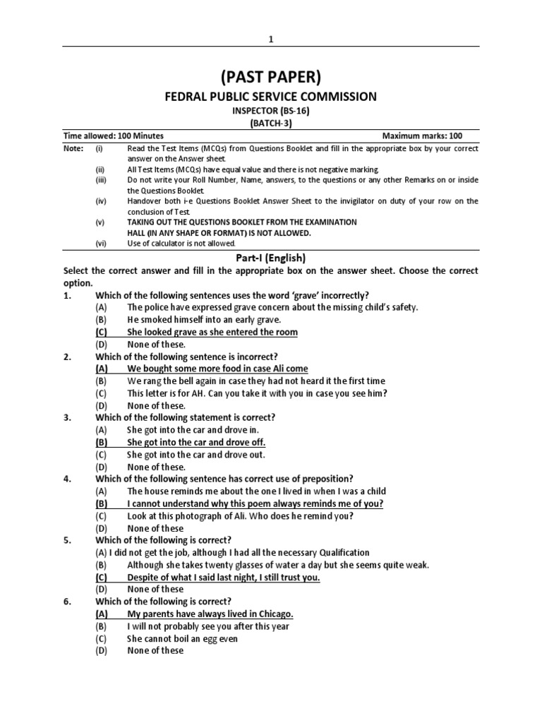 FPSC Inspector Past Paper (BS-16) | PDF | Multiple Choice