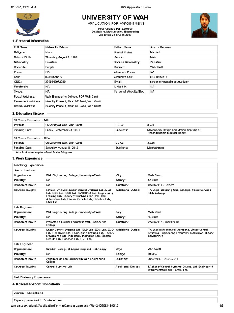 UW Application Form | PDF | Engineering | Automation