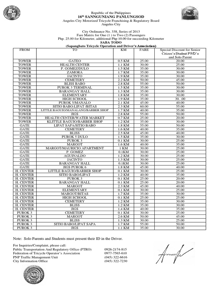 TRICYCLE Fare Matrix For One (1) To Two (2) Passengers | PDF | Wheeled ...