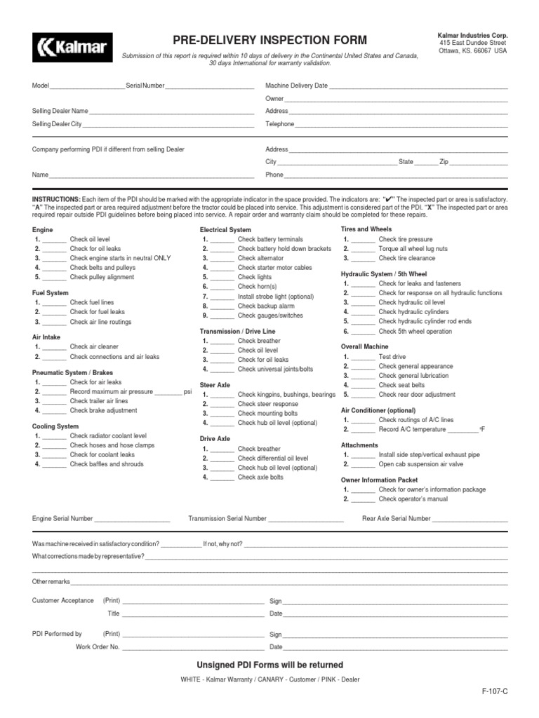 PDI Inspection Form | PDF | Machines | Wheeled Vehicles