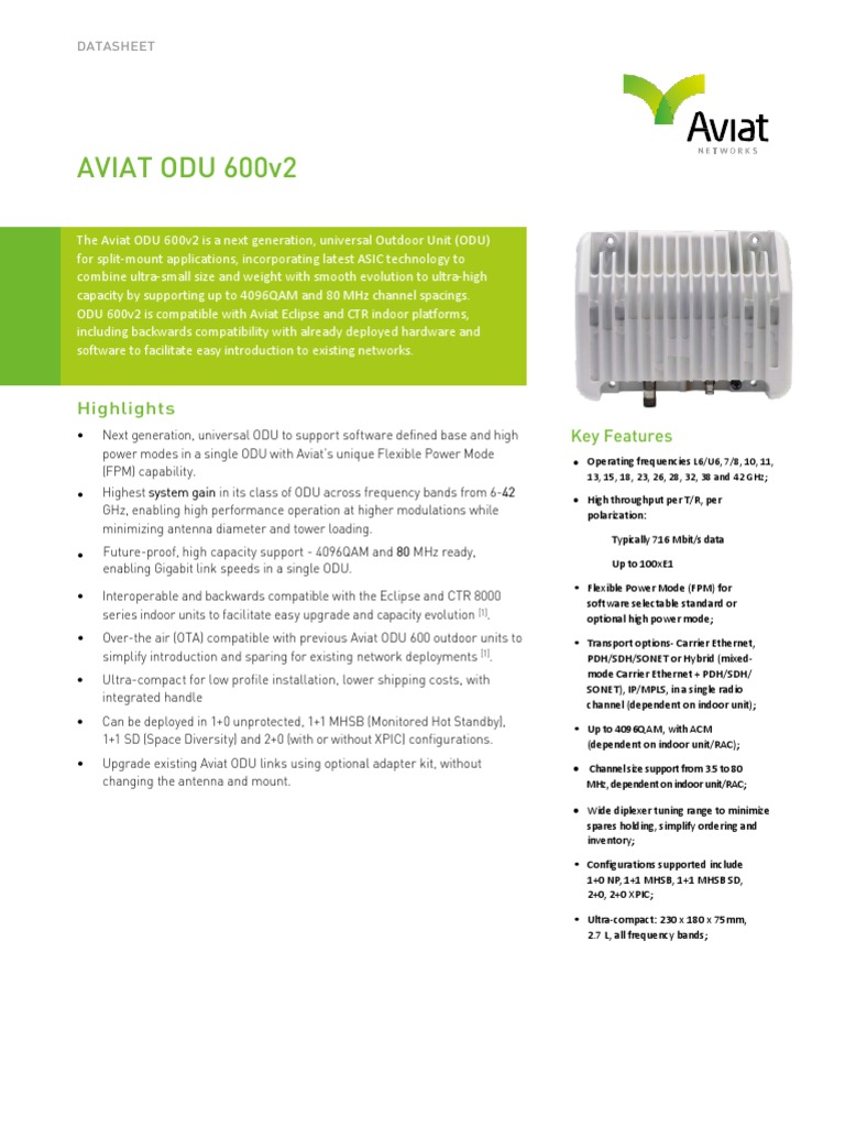 AVIAT ODU 600v2: Highlights Key Features | Download Free PDF | Physical ...
