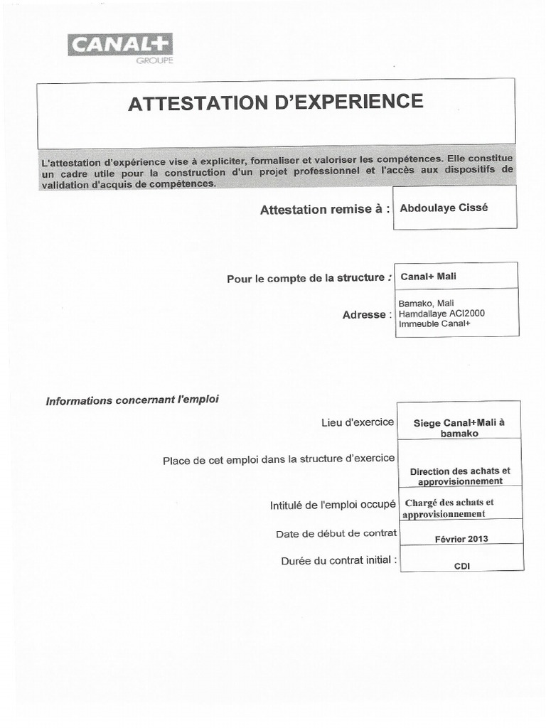 Attestation D'experience 1 | PDF