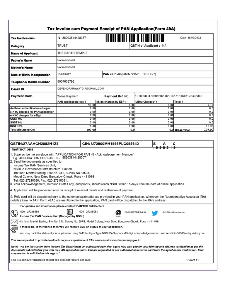 Tax Invoice Cum Payment Receipt of PAN Application (Form 49A) | PDF