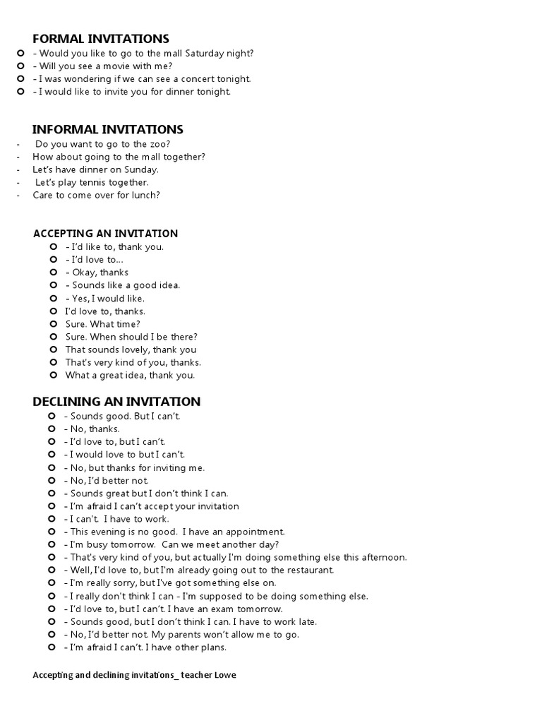 Formal Invitations: Accepting An Invitation | PDF