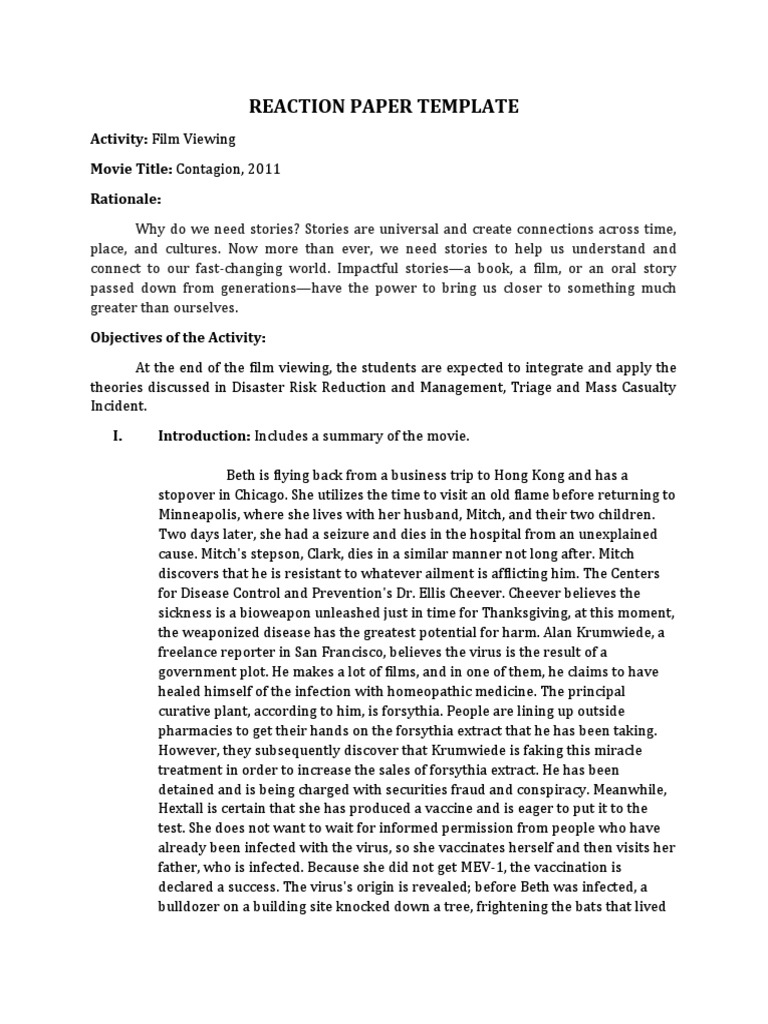 Reaction Paper Template: Activity: Film Viewing Movie Title: Contagion ...