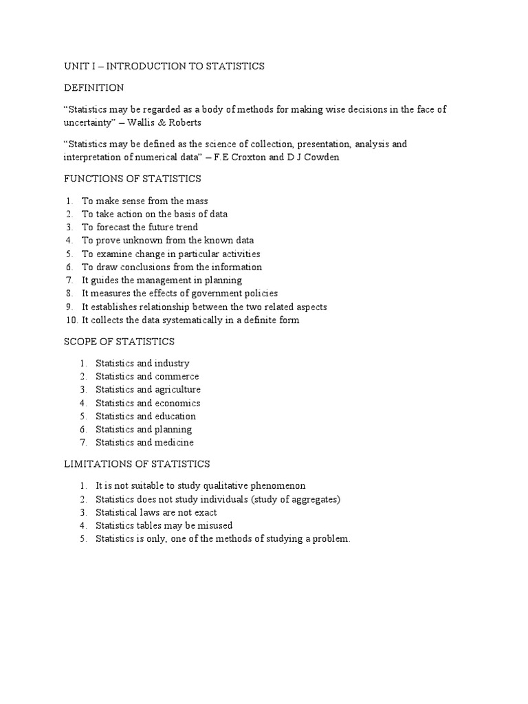 Introduction To Statistics - Unit I | PDF