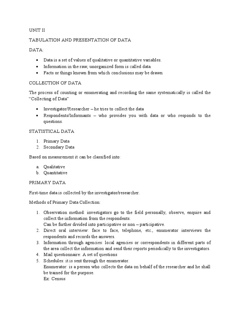 Tabulation and Presentation of Data - Unit II | PDF | Sampling ...