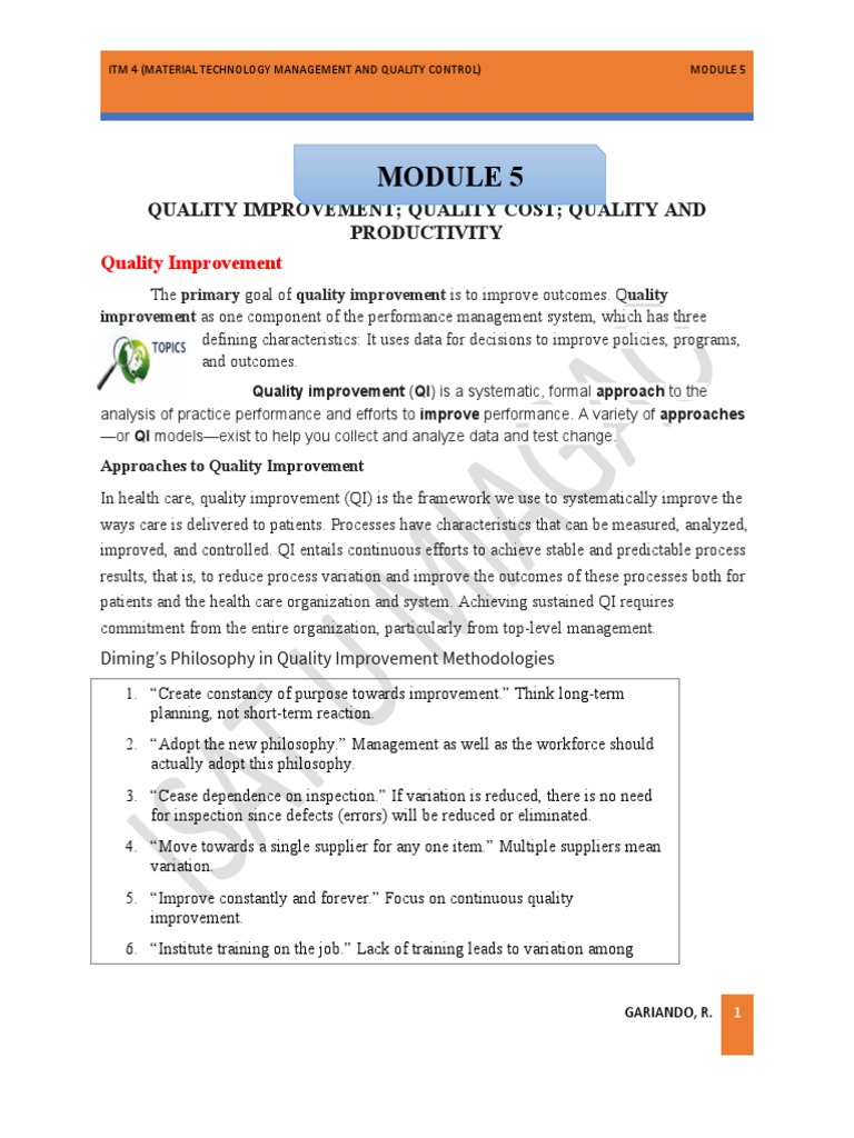 MODULE 5 Quality Improvement | PDF | Quality Management | Cost