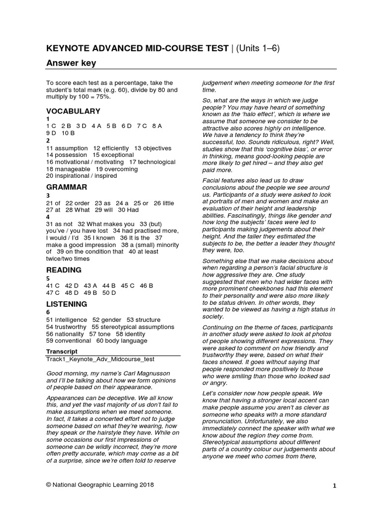 Keynote Advanced MC Test Key and Script | PDF | Body Language ...