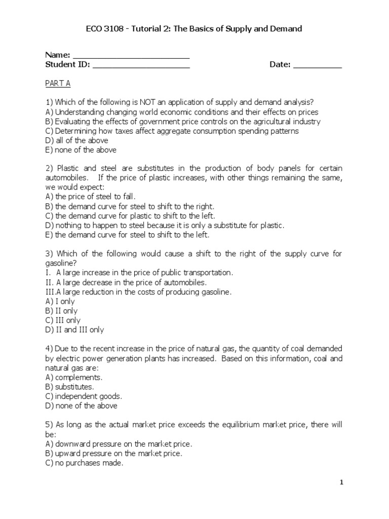 Analysis of Supply and Demand Concepts: Tutorial Questions on ...