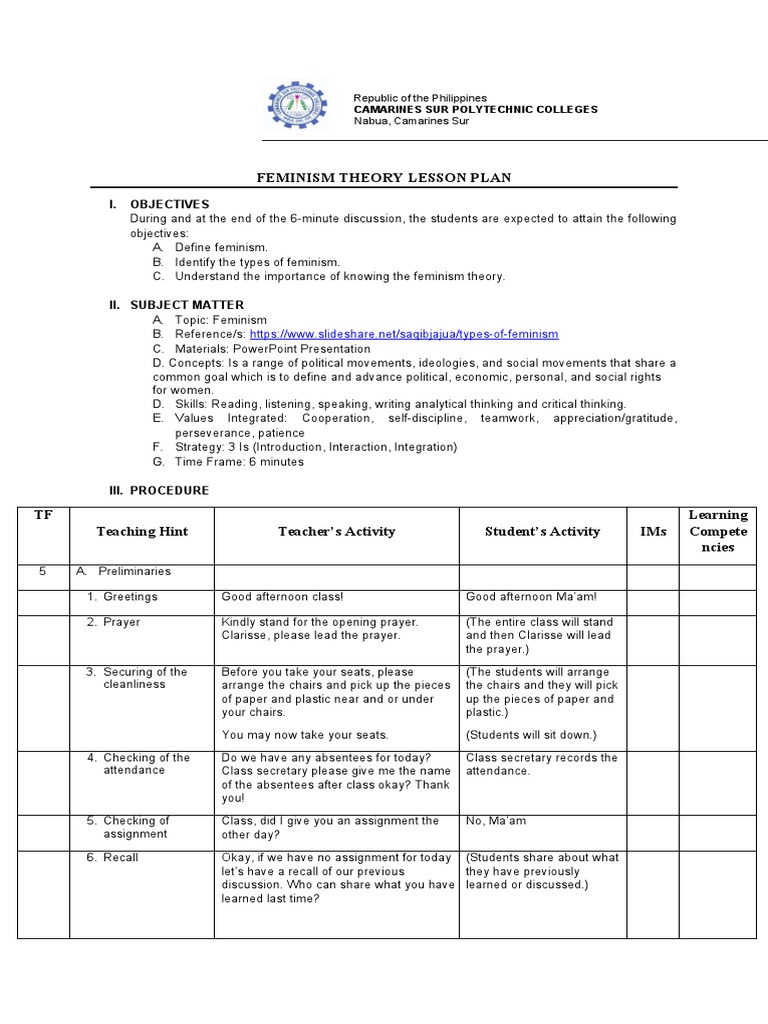 Feminism Theory Lesson Plan: I. Objectives | PDF | Feminism | Gender ...