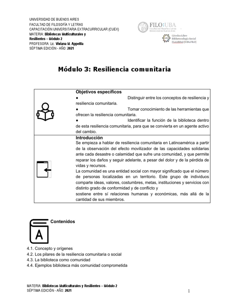 Módulo 3: Resiliencia Comunitaria: Objetivos Específicos | PDF | Resiliencia psicológica ...