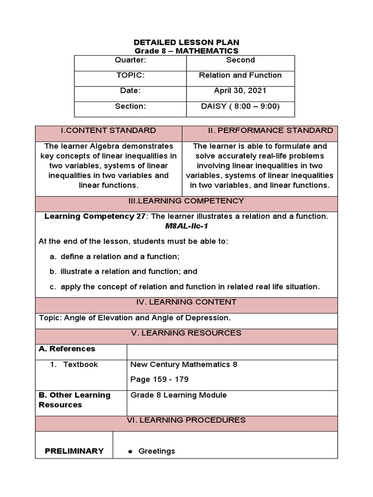 Detailed Lesson Plan Grade 8 - Mathematics: M8Al-Iic-1 | PDF | Function ...
