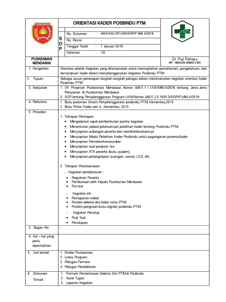 SOP Orientasi Kader Posbindu PTM 2019 | PDF