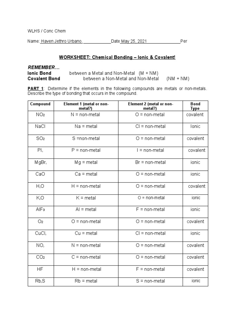 Chemical Bonding Worksheet 1 Ionic Bonding Answer Key Ionic & Covalent