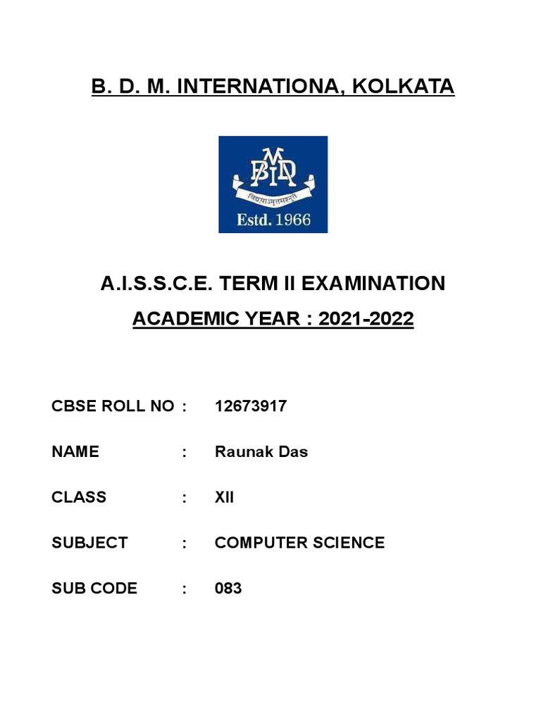 XIISCB-27 RAUNAK DAS - Computer Science Practical File XII - Certificate and Index Page | PDF ...