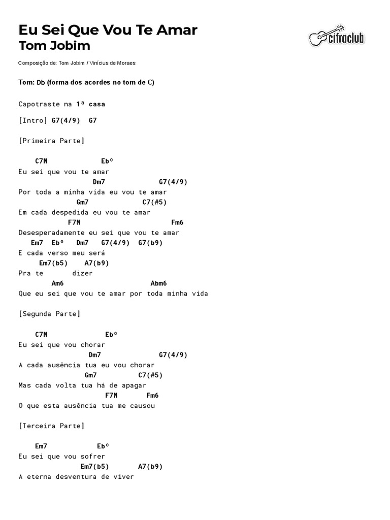 Cifra Club - Tom Jobim - Eu Sei Que Vou Te Amar | PDF