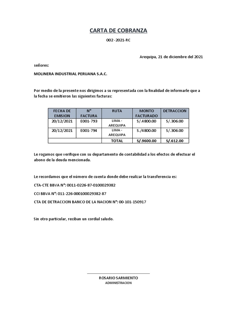 Carta de Cobranza Molinera | PDF