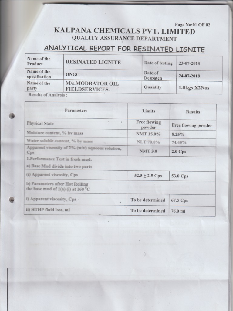 Resinated Lignite Test Report Page-1 | PDF
