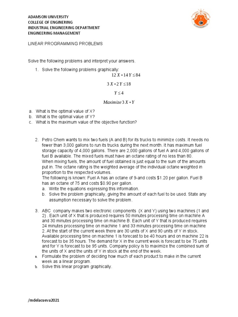 Assessment 3 LINEAR PROGRAMMING PROBLEMS | PDF | Linear Programming ... Assessment 3 LINEAR PROGRAMMING PROBLEMS | PDF | Linear Programming ...