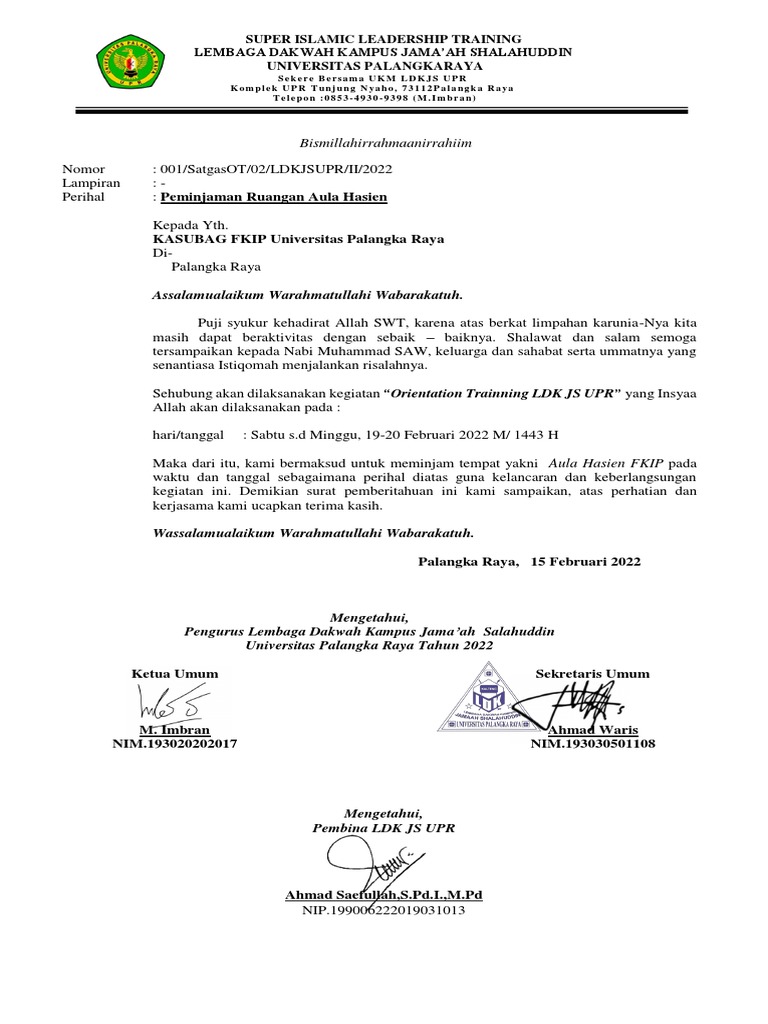 Surat Peminjaman Tempat Aula Hasien | PDF