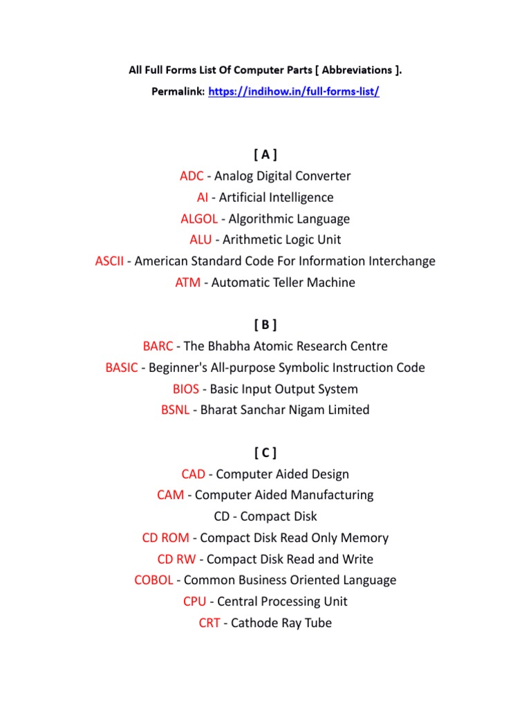 Full Forms List of Computer Parts Abbreviations | PDF | Read Only ...
