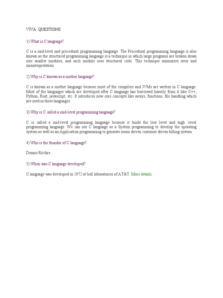 Viva Questions Part 1 Pdf C Programming Language Variable Computer Science