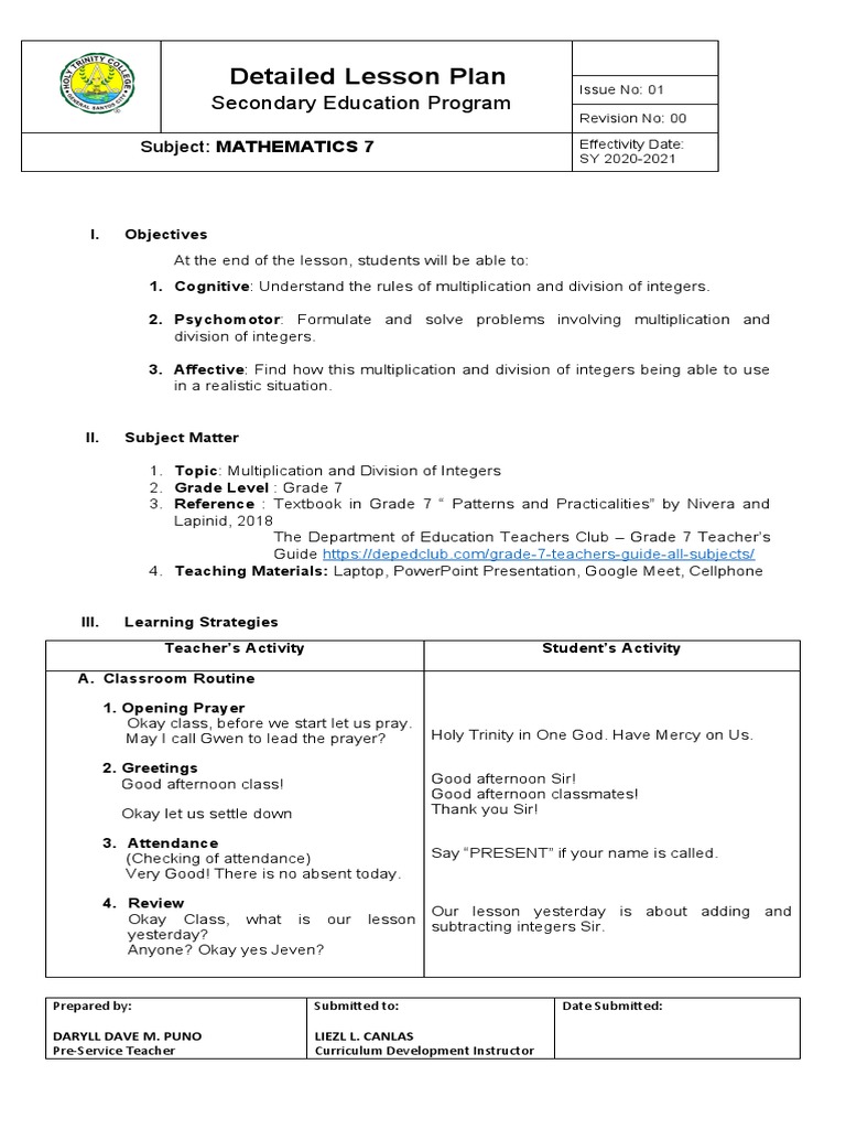 Grade 7 - Detailed Lesson Plan in Mathematics PUNO | PDF | Lesson Plan ...