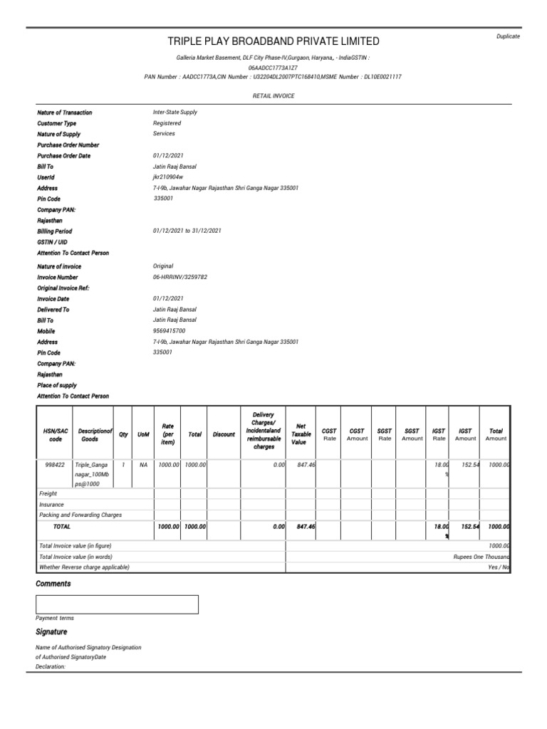 Broadband Bill Dec 2021 | PDF | Invoice | Economies