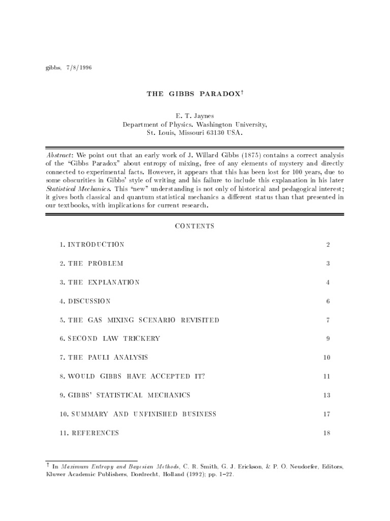 Gibbs Paradox | PDF | Entropy | Second Law Of Thermodynamics