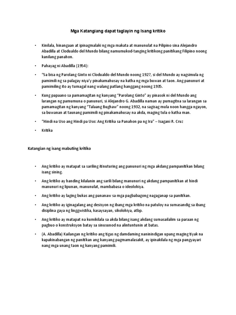 Mga Katangiang Dapat Taglayin NG Isang Kritiko.1 | PDF Mga Katangiang Dapat Taglayin NG Isang Kritiko.1 | PDF