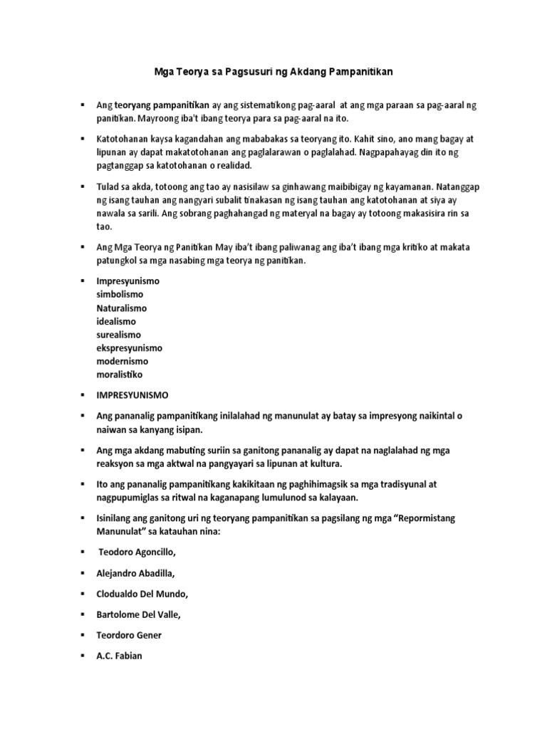 Mga Teorya Sa Pagsusuri NG Akdang Pampanitikan | PDF