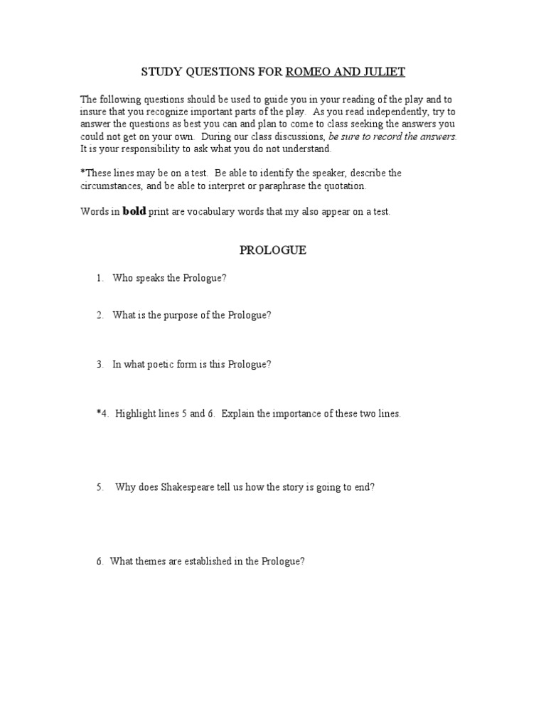 Original Romeo and Juliet Discussion Questions | PDF | Characters In ...