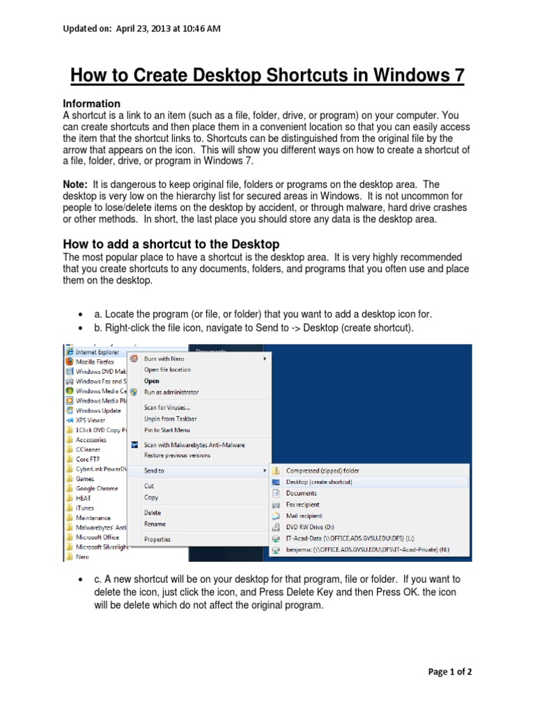 How To Create Desktop Shortcuts in Windows 7 | PDF | Icon (Computing ...