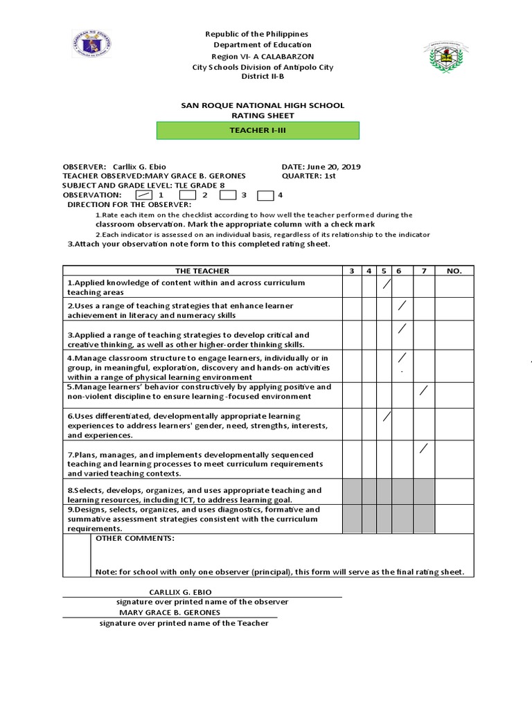 Blank Cot Rating Sheet Actual Scores Grace | PDF | Curriculum | Learning