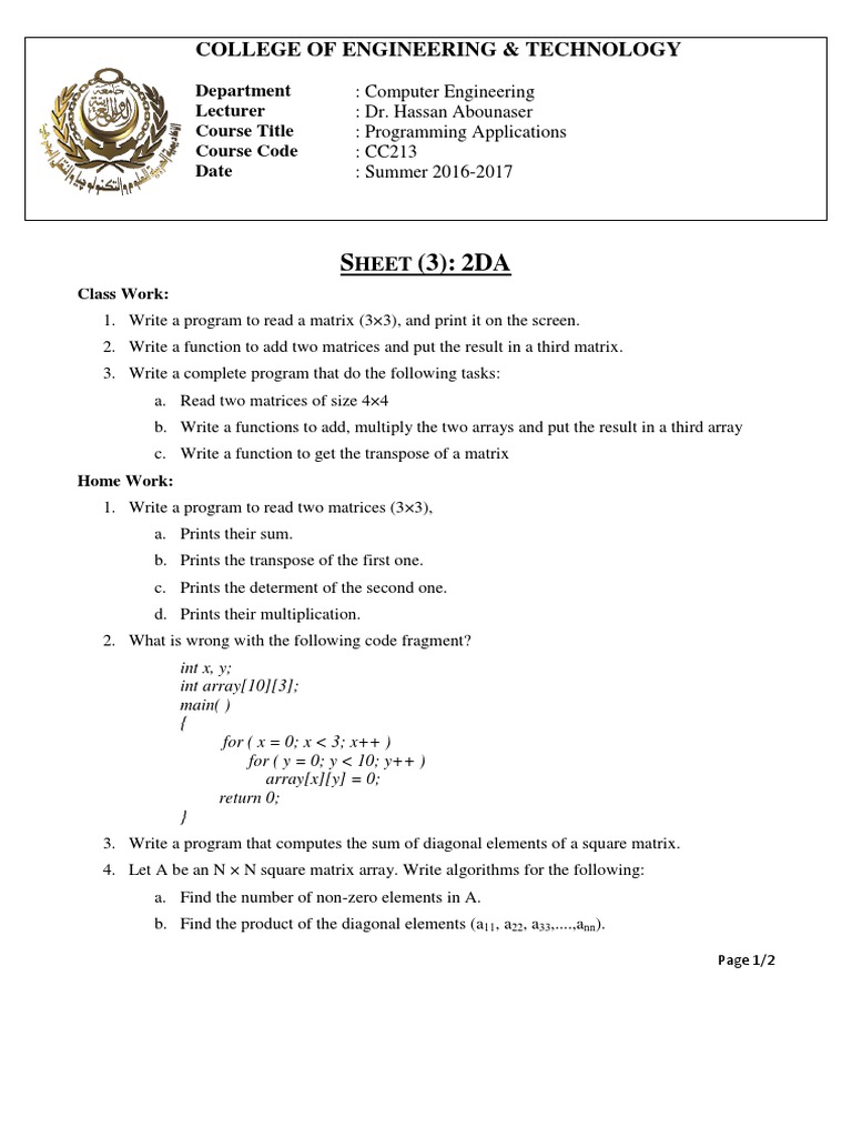 College of Engineering & Technology: Department Lecturer Course Title ...