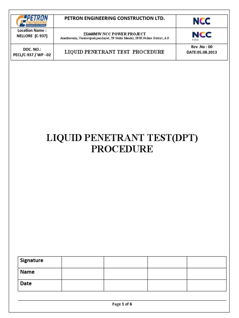 Liquid Penetrant Test (DPT) Procedure: Petron Engineering Construction ...
