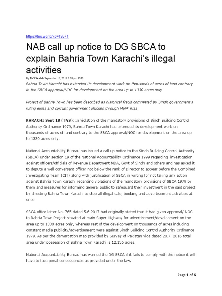 NAB Call Up Notice To DG SBCA To Explain Bahria Town Karachi | PDF ...