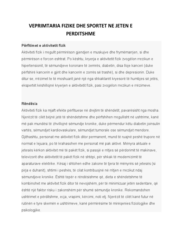 Veprimtaria Fizike Dhe Sportet Ne Jeten e Perditshme | PDF